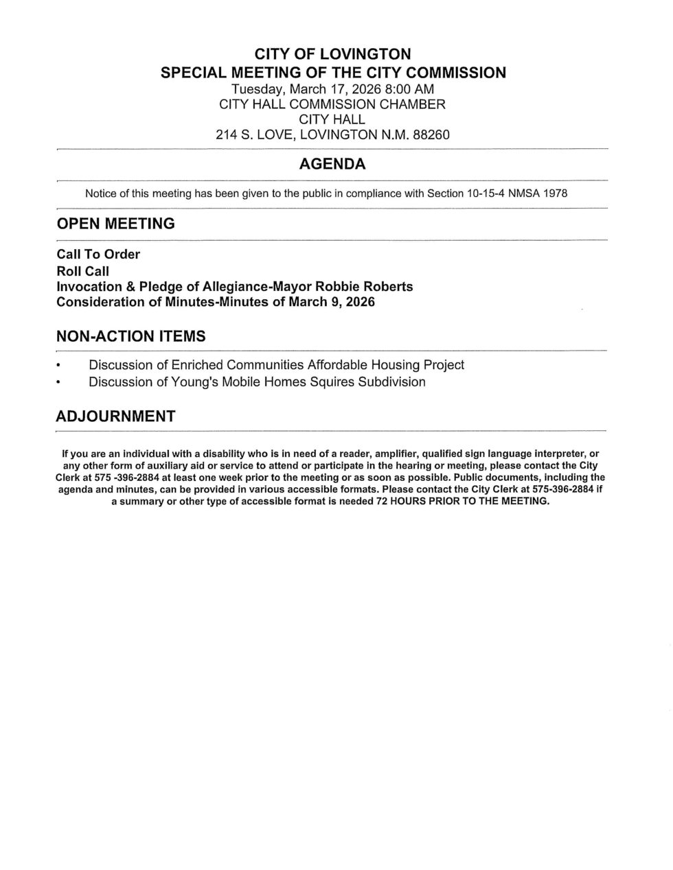 City of Lovington Special Meeting of the City Commission 03/17/2026 ...